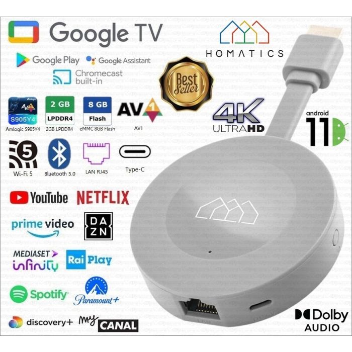 Homatics DONGLE G 4K HDMI 2/8GB Google TV 11 Wifi e LAN